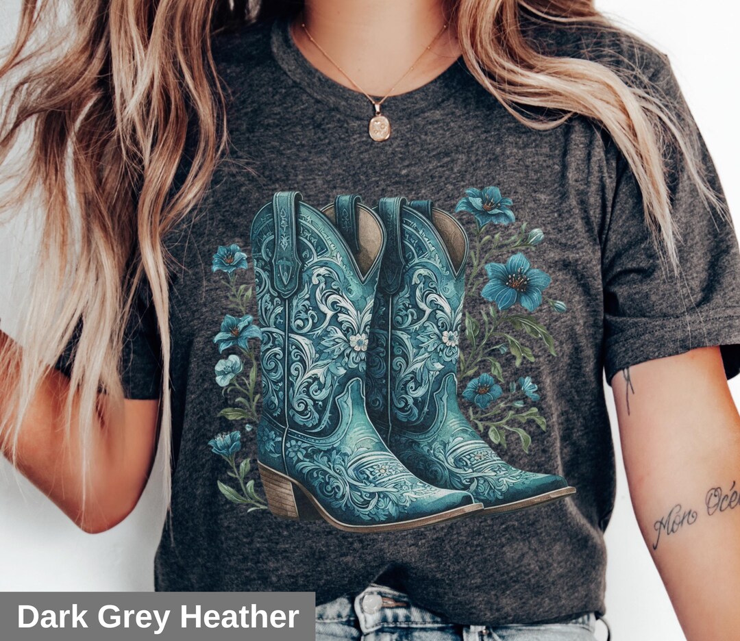 Blue Cowboy Boots Shirt, Western Graphic Tee, Floral Cowgirl T-shirt ...