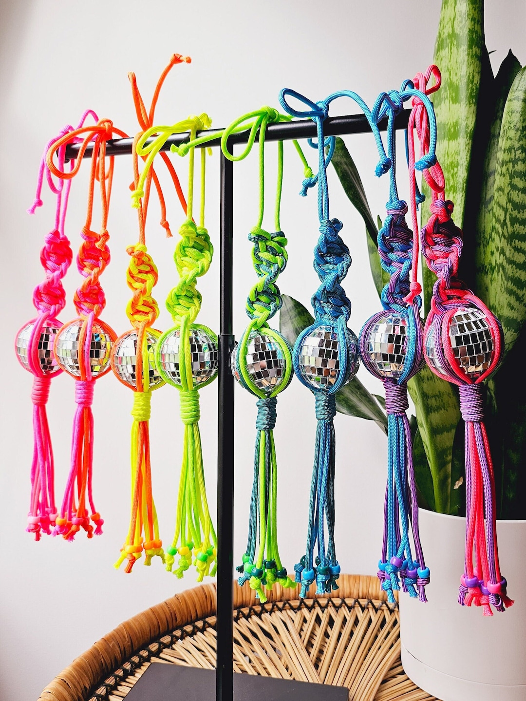 Neon Disco Car Charm / Macrame Paracord Mini Mirror Ball - Etsy
