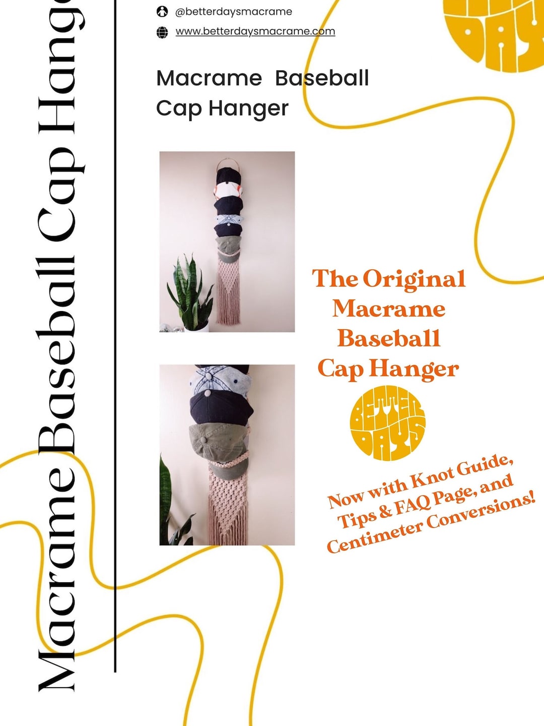 Macrame Baseball Cap Hanger PDF Pattern With Knot Guide / Intermediate ...