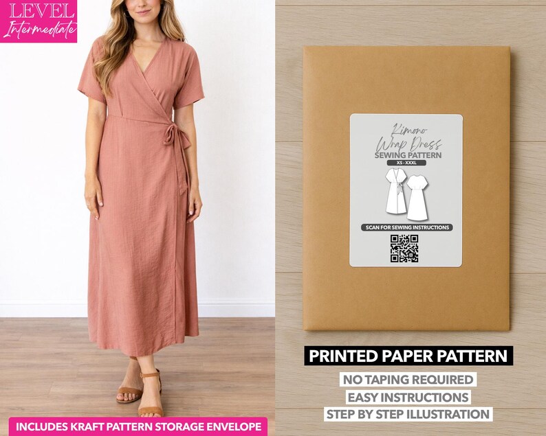 Kimono Sleeve Maxi Wrap Dress Printed Sewing Pattern – Paper Pattern ...