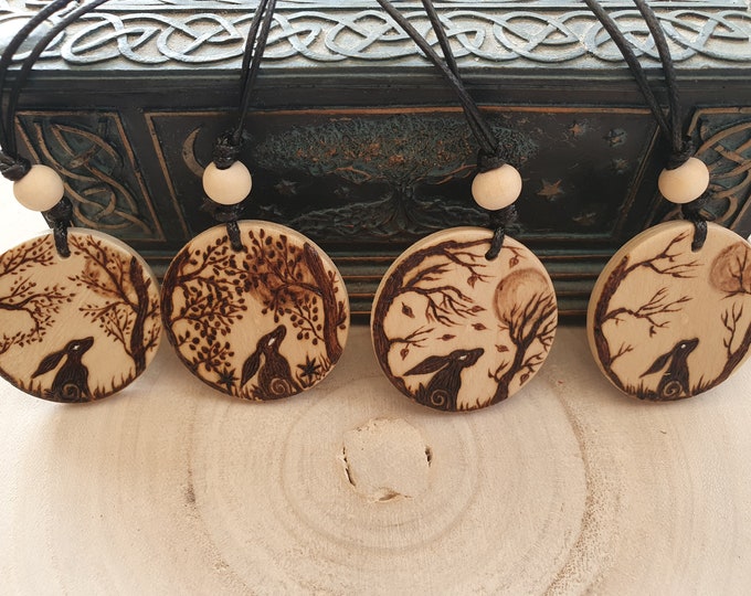 Individual Moon Gazing Hare Through the Seasons, Double Sided Pyrography Pendants/amulets - Etsy