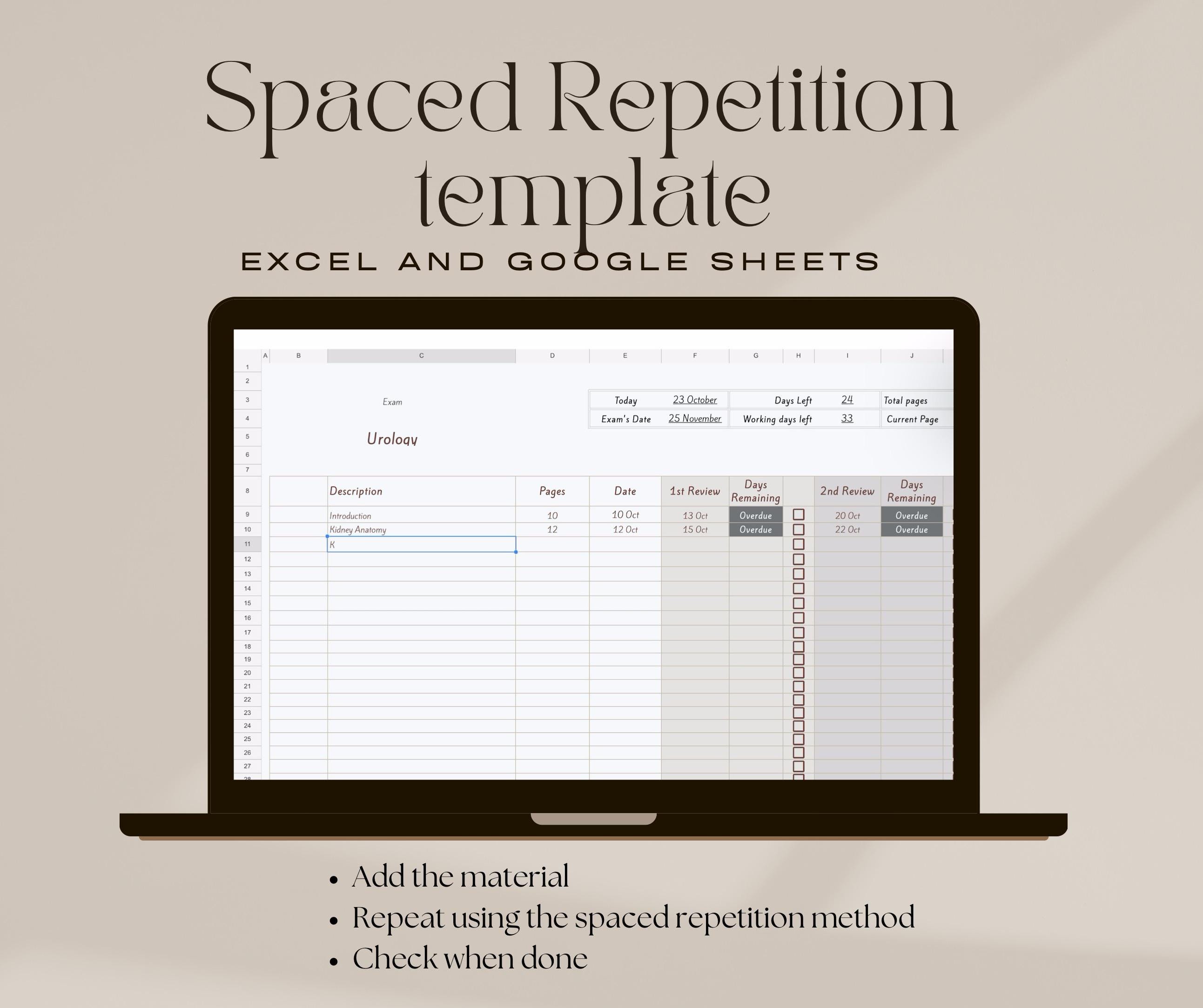 Spaced Repetition Google Sheets Minimalistic Template - Etsy