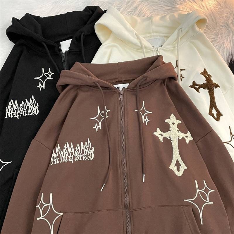 Y2k Cross Embroidered Hoodies Zip up Hoodies Aesthetic - Etsy