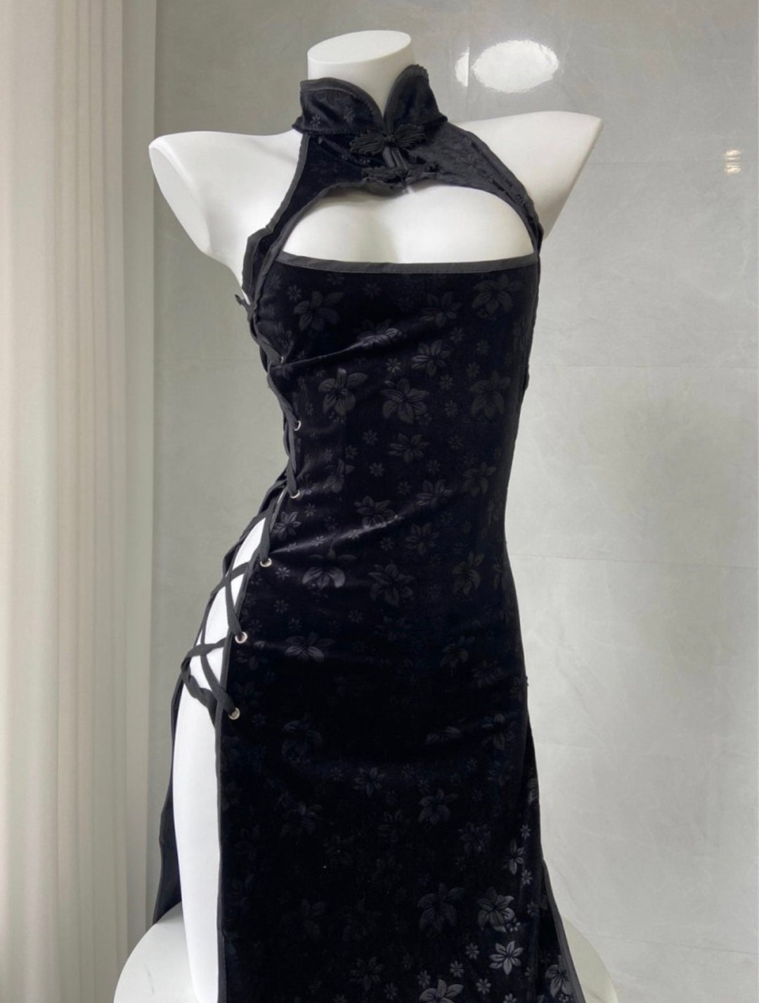 Velvet Cheongsam Nightgown, Sheer Exquisite Nightgown, Lingerie Dress ...