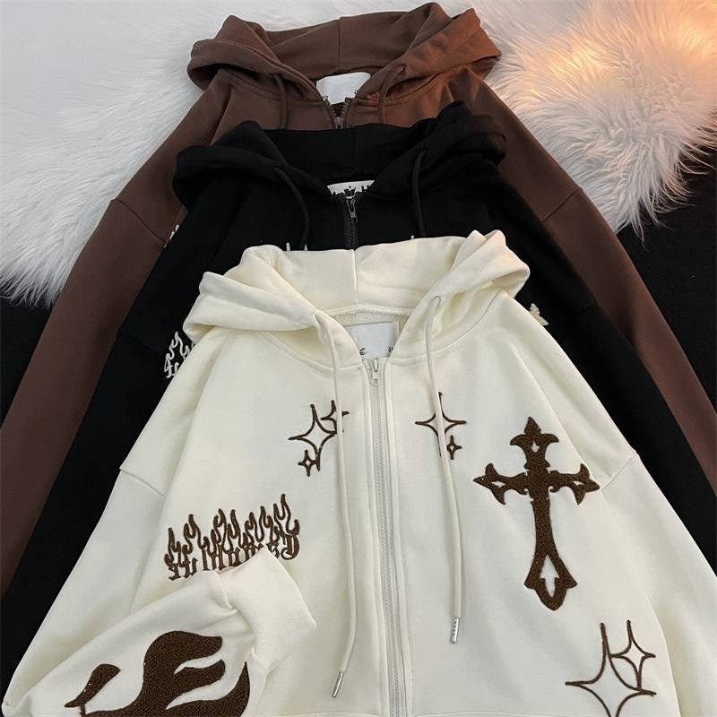 Y2k Cross Embroidered Hoodies Zip up Hoodies Aesthetic - Etsy