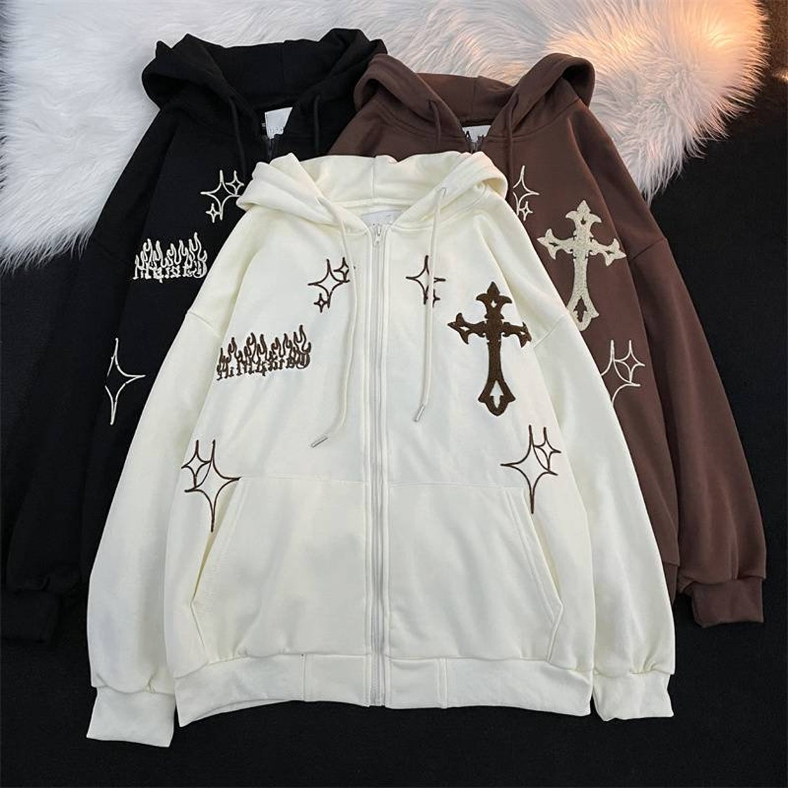 Y2k Cross Embroidered Hoodies Zip up Hoodies Aesthetic - Etsy