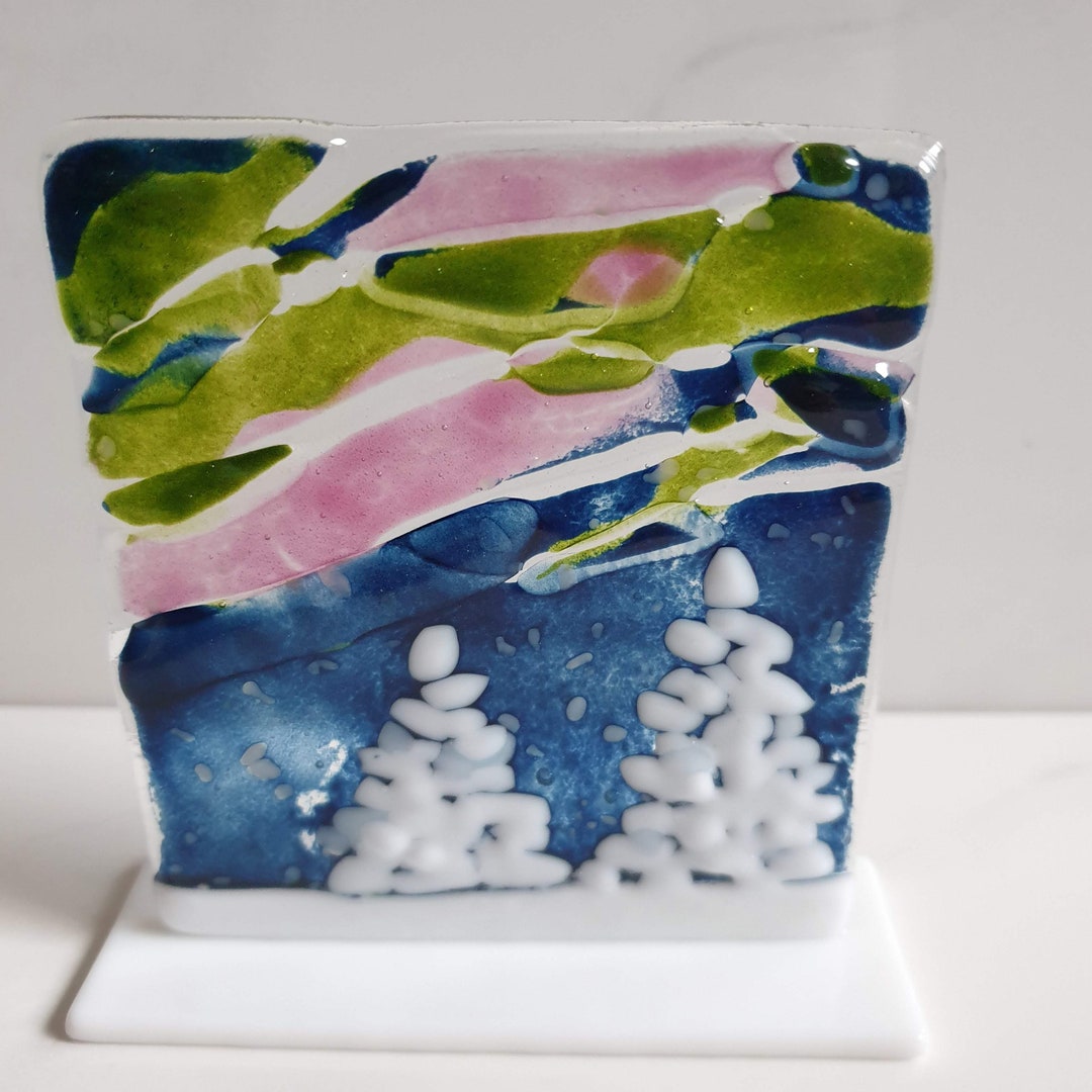 Handmade Fused Glass Aurora Borealis Northern Lights With Snowy Trees 2 ...