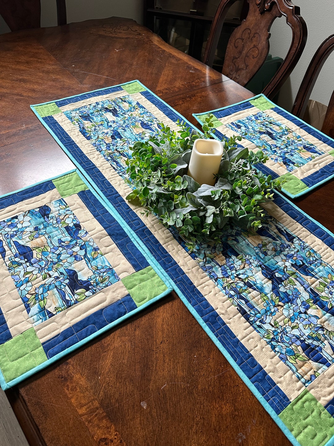 Table Runner, Placemats, Stained Glass Look, Sold Separately, Blues, Cream and Greens - Etsy