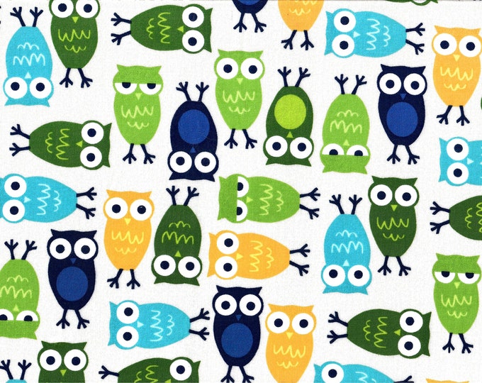 1/2 Yd Big Eye Owls Blue Green Yellow Cotton Fabric Sold by the 1/2 ...