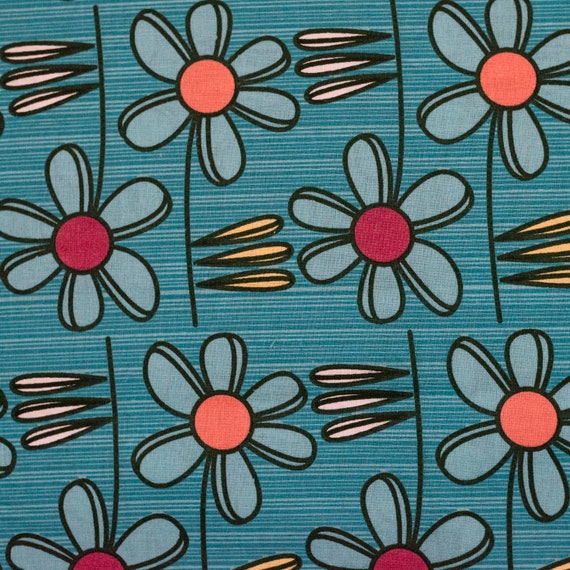 Large Teal Flowers Cotton Fabric Remnant 15 X 43 - Etsy