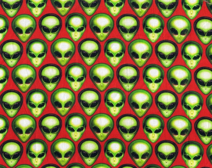 Alien Head Fabric Bright Lime Green Aliens at Night Space Roswell UFO ...
