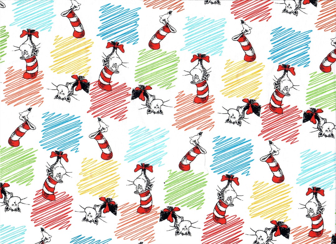 1 Yard Dr. Seuss Cat in the Hat on White Cotton Fabric Sold by the Yard ...
