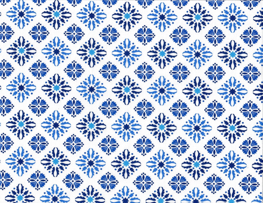 Blue Flower Burst Diamond Grid on White Quilt Cotton Sold by the 1/4 ...