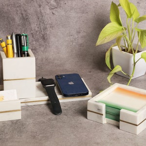 Marble Brass Inlay Desk Organizer Set, Indian Artisan Office Table ...