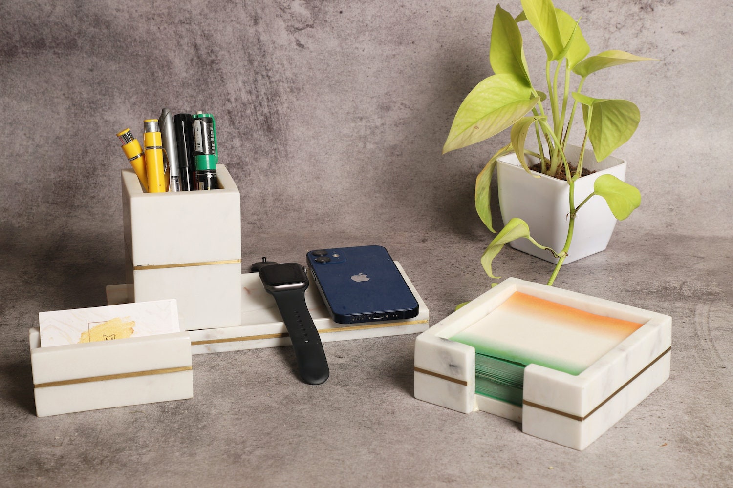 Marble Brass Inlay Desk Organizer Set, Indian Artisan Office Table ...