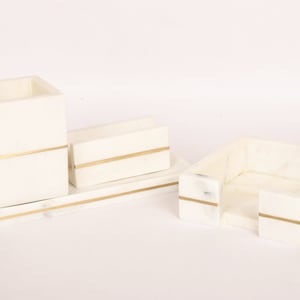 Marble Brass Inlay Desk Organizer Set, Indian Artisan Office Table ...