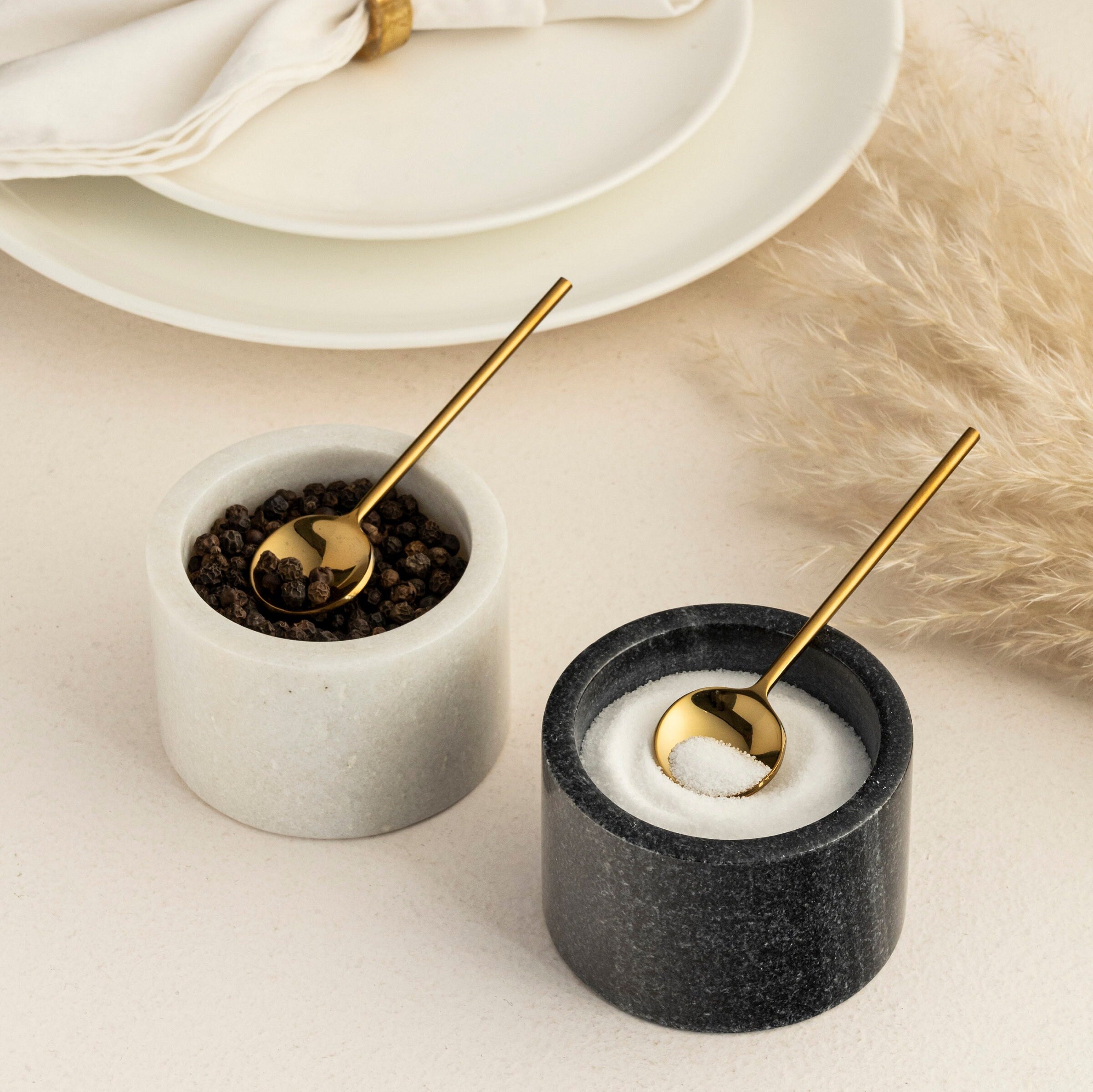 Marble Salt Pepper Bowl Set Salt and Pepper Cellar Salt and Pepper Bowls with Brass Spoons Marble Salt Pepper Bowls Etsy Canada