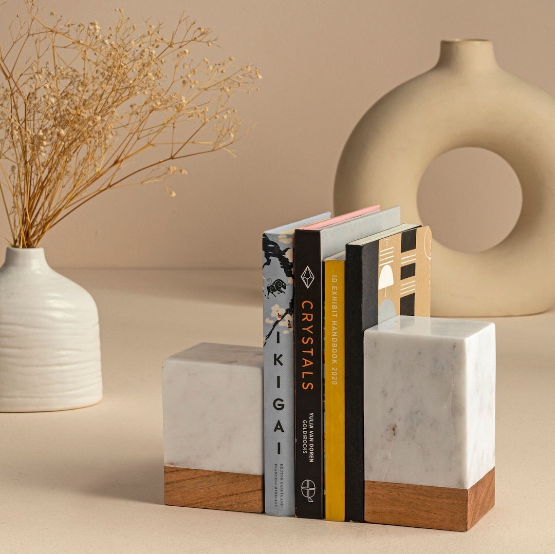 Marble Bookends: Wood Base, Elegant Book Shelf Decor (set of 2) - Etsy