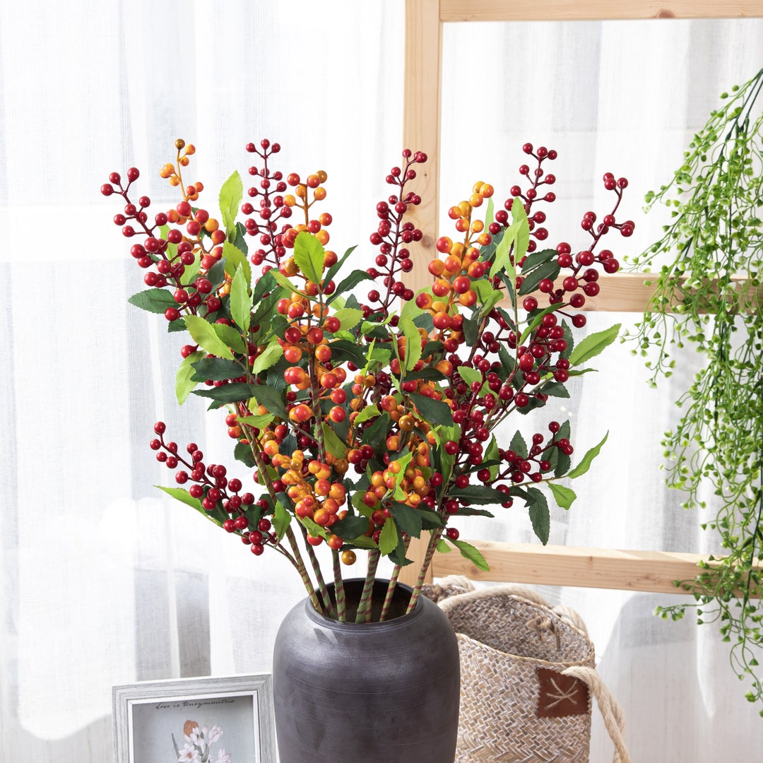 Artificial Fall Berry Twigs, Large Faux Berry Stem 28'' Tall, Floral ...