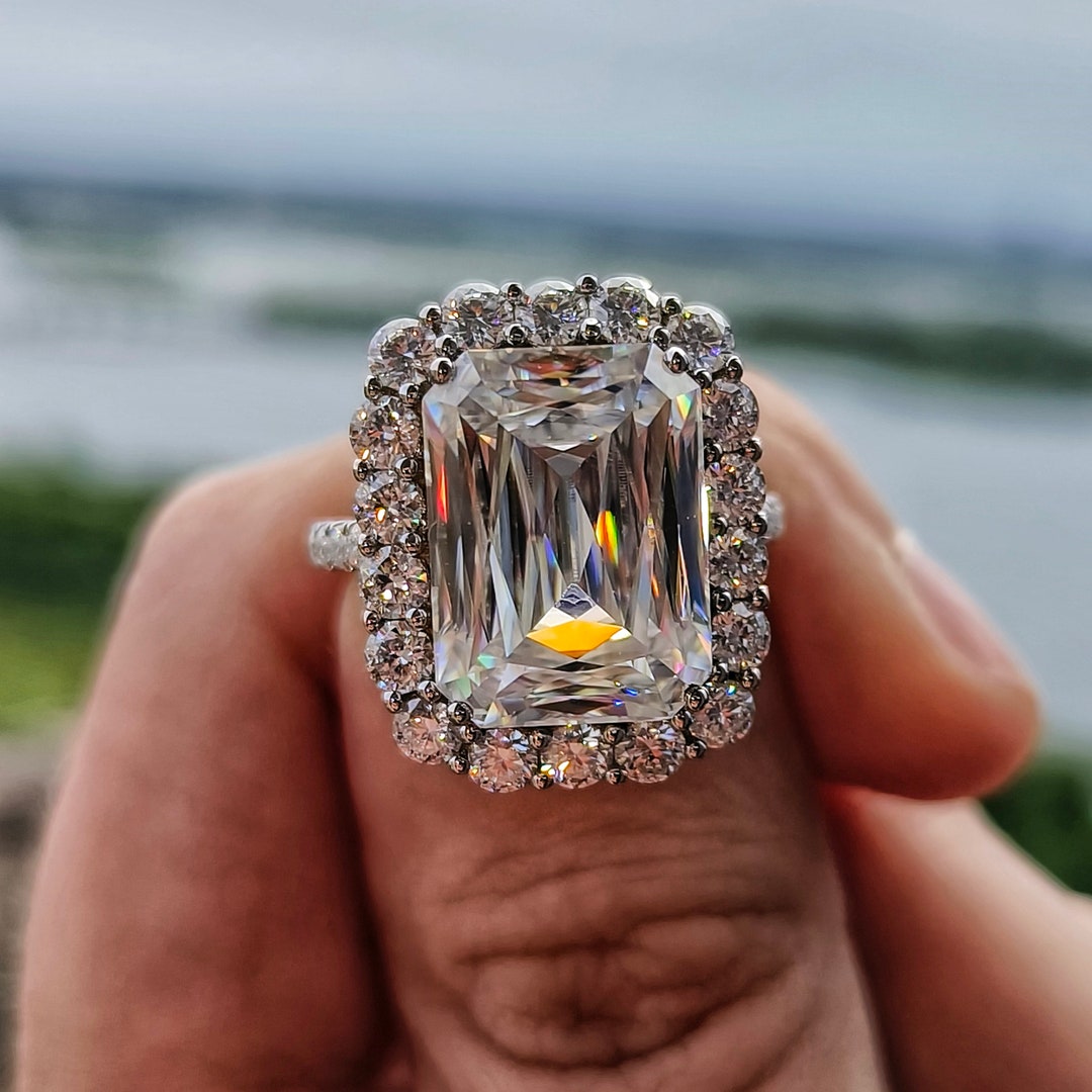 11ct Modified Emerald Cut Moissanite Halo Ring, Huge 15x11mm Moissanite ...