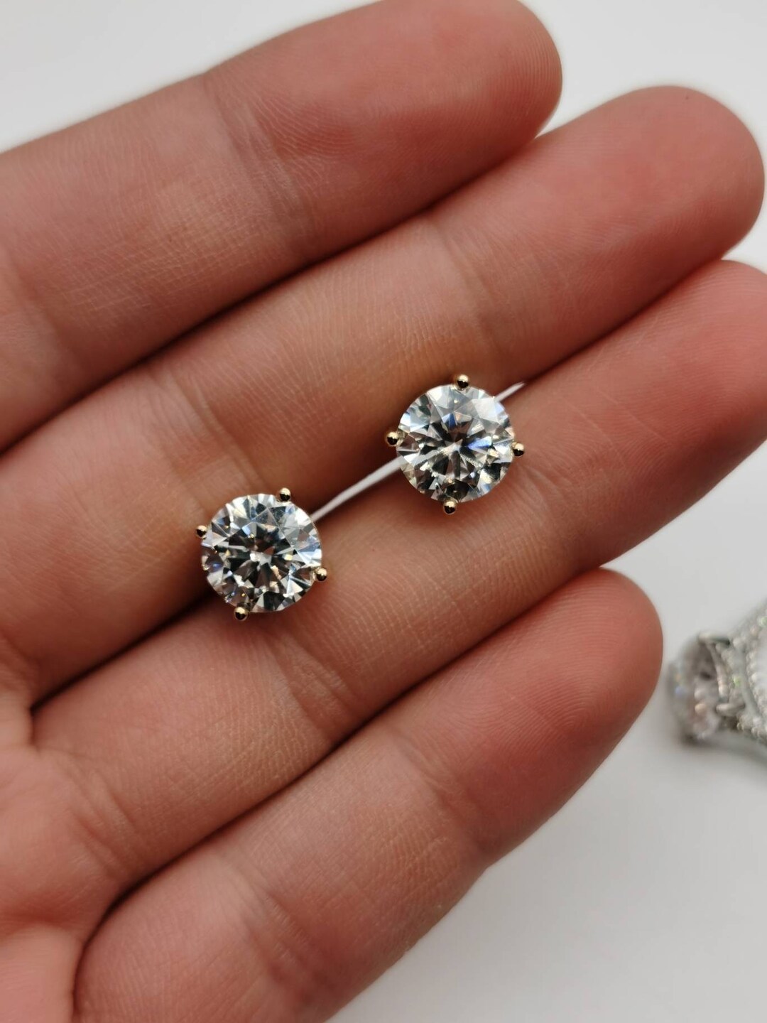 3ct Each 14k Yellow Gold Real Moissanite Earring Studs | Round Cut ...