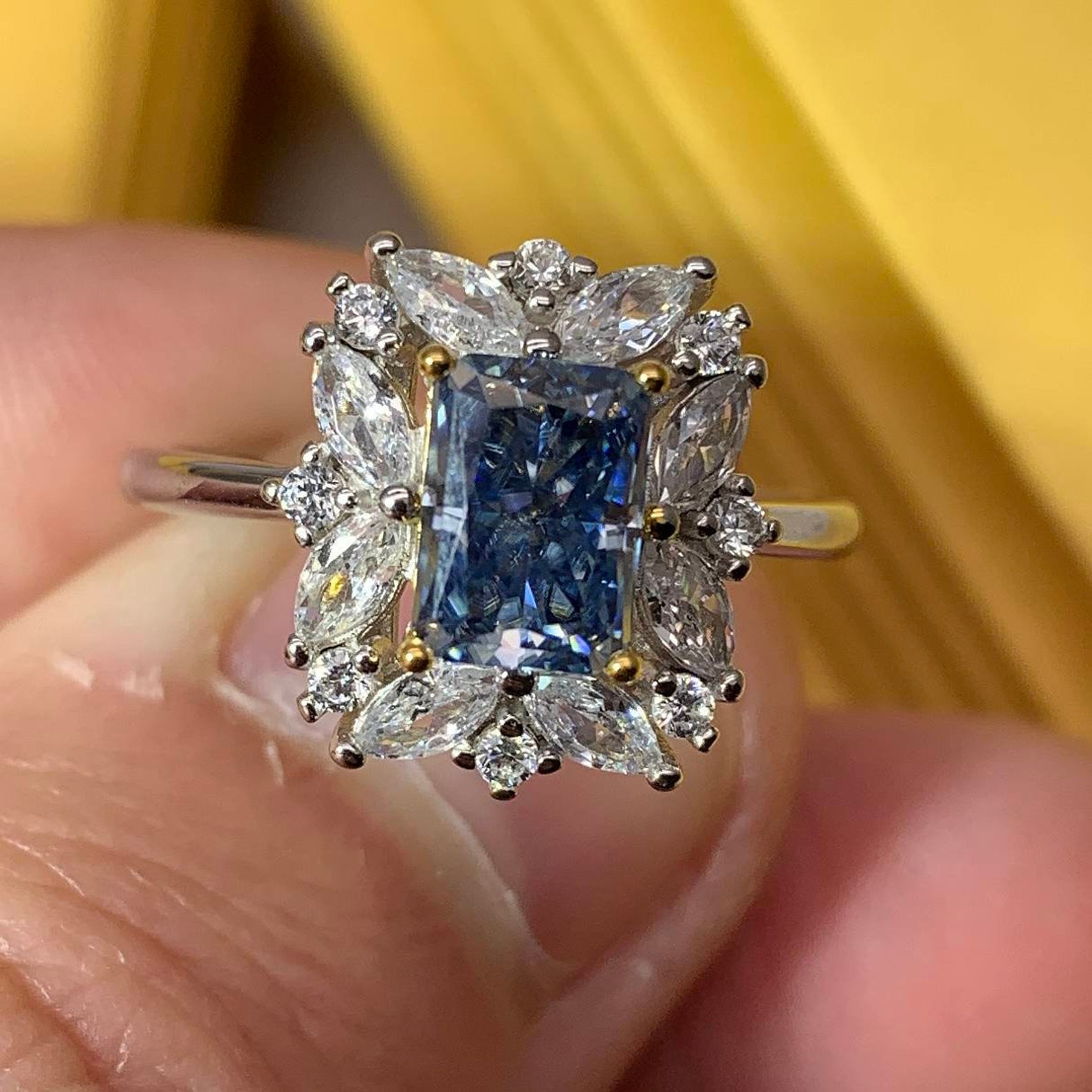 Unique 1ct Blue Moissanite Ring Crushed Ice Radiant Cut - Etsy