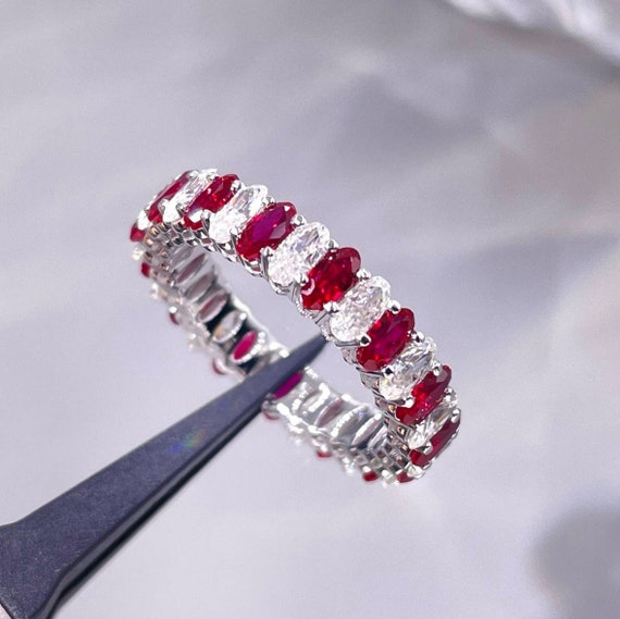 3.6ctw Oval Moissanite Ruby Eternity Ring 14k Solid White Gold 4x2mm Half Moissanite Half Lab Ruby Eternity Band