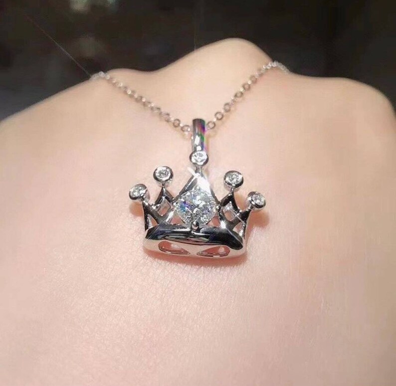 1ct Crown Moissanite Necklace 18k White Gold Dainty Princess | Etsy
