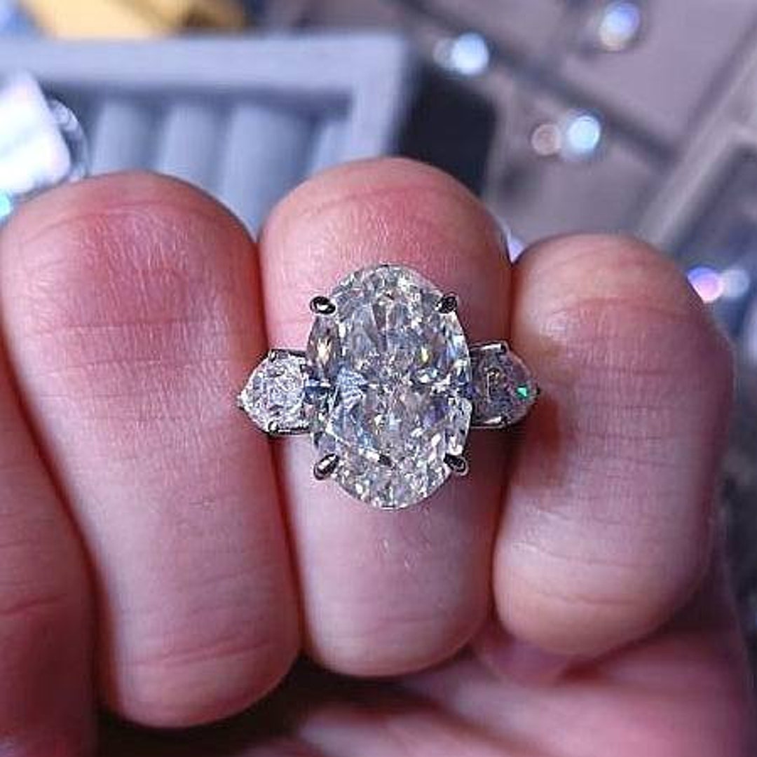 Huge 10ct Oval Crushed Ice Cut Moissanite Three Stone Ring With 1ct ...