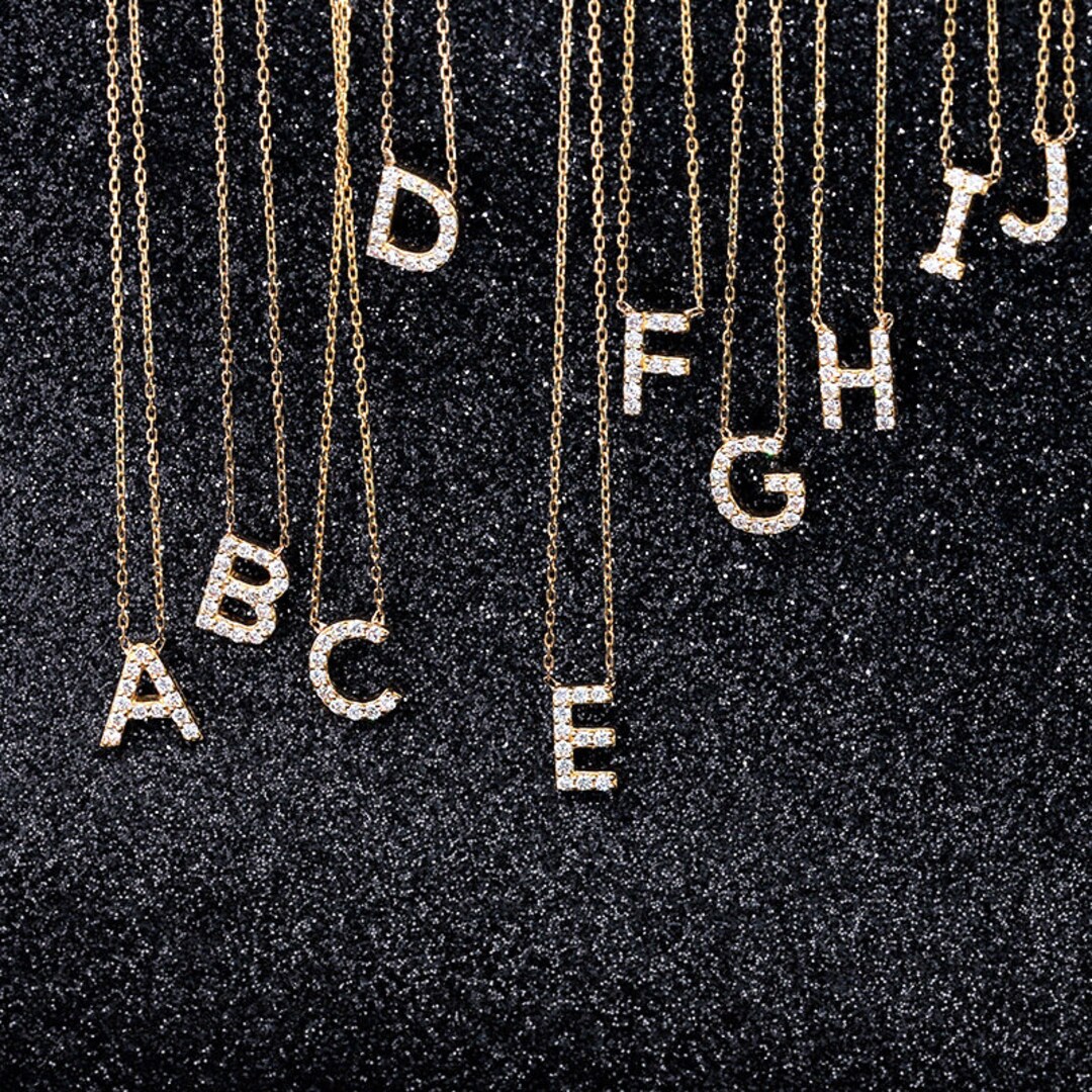 18k A-Z Gold Diamond Initial Necklace ABC Letter Necklace With Lab ...
