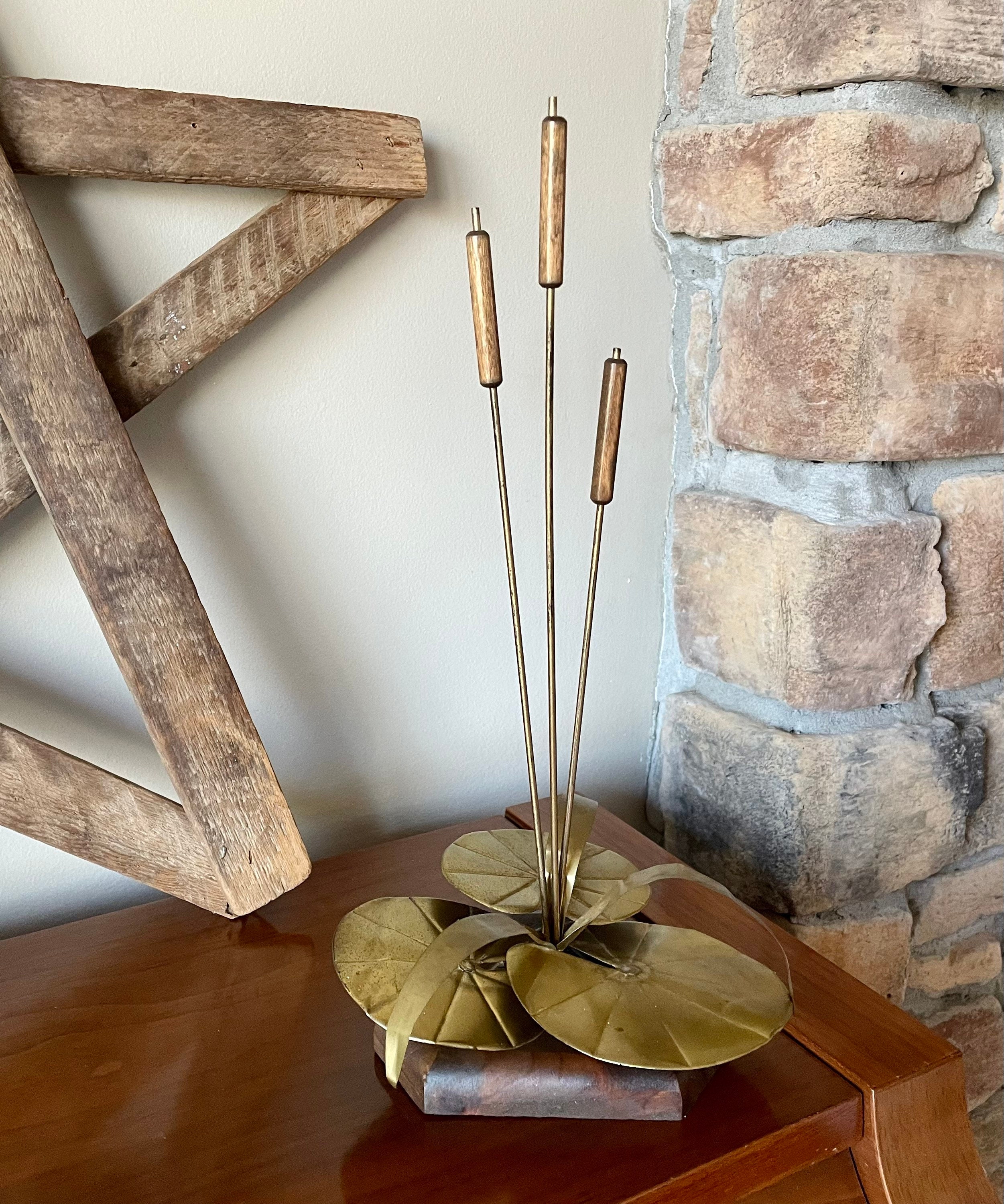 Vintage Mid-century Brass, Wood Cattail & Lily Pad Sculpture MCM ...