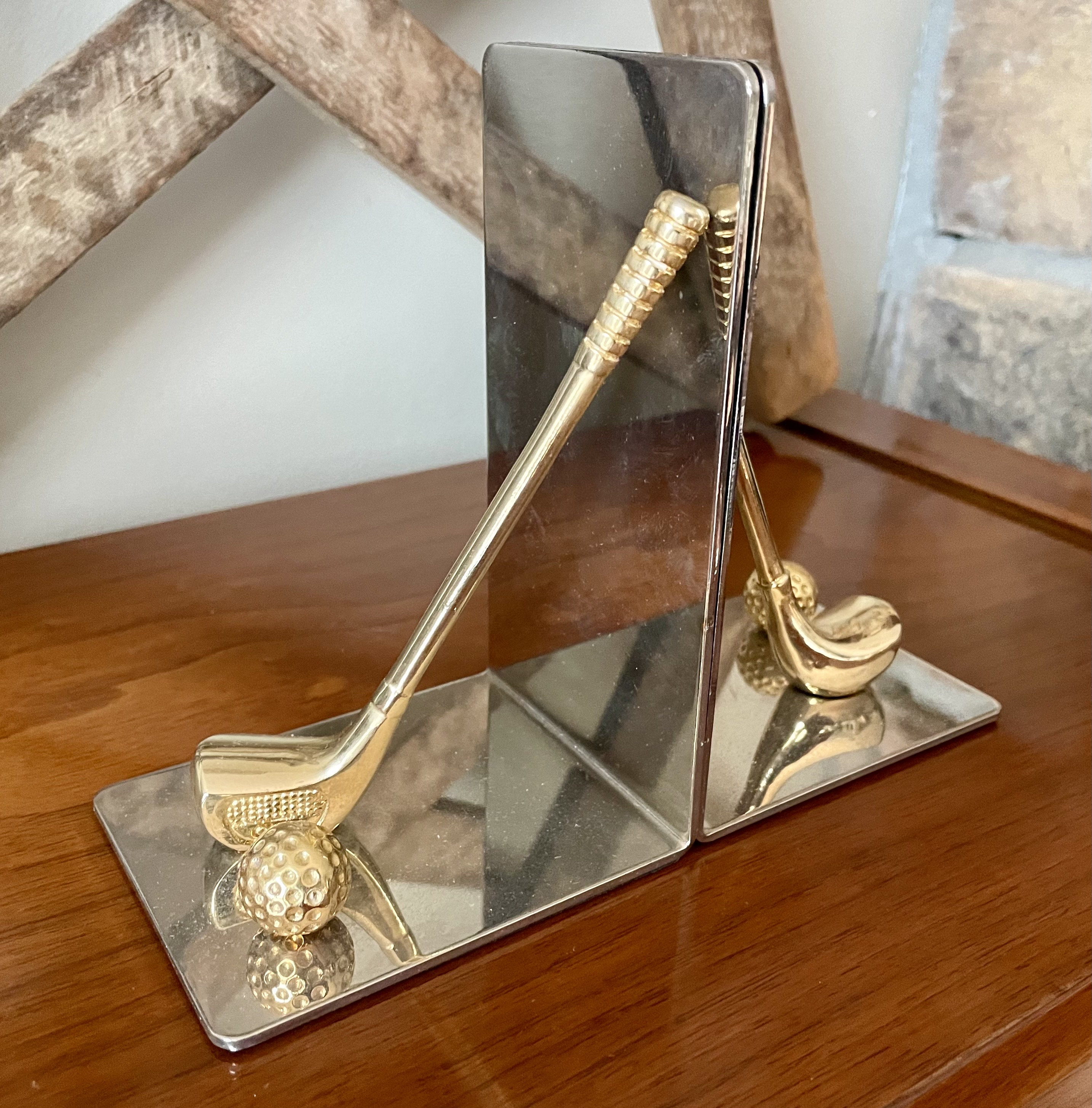 Vintage Chrome & Brass MCM Golf Club Ball Book Ends, Golf Sculpture ...