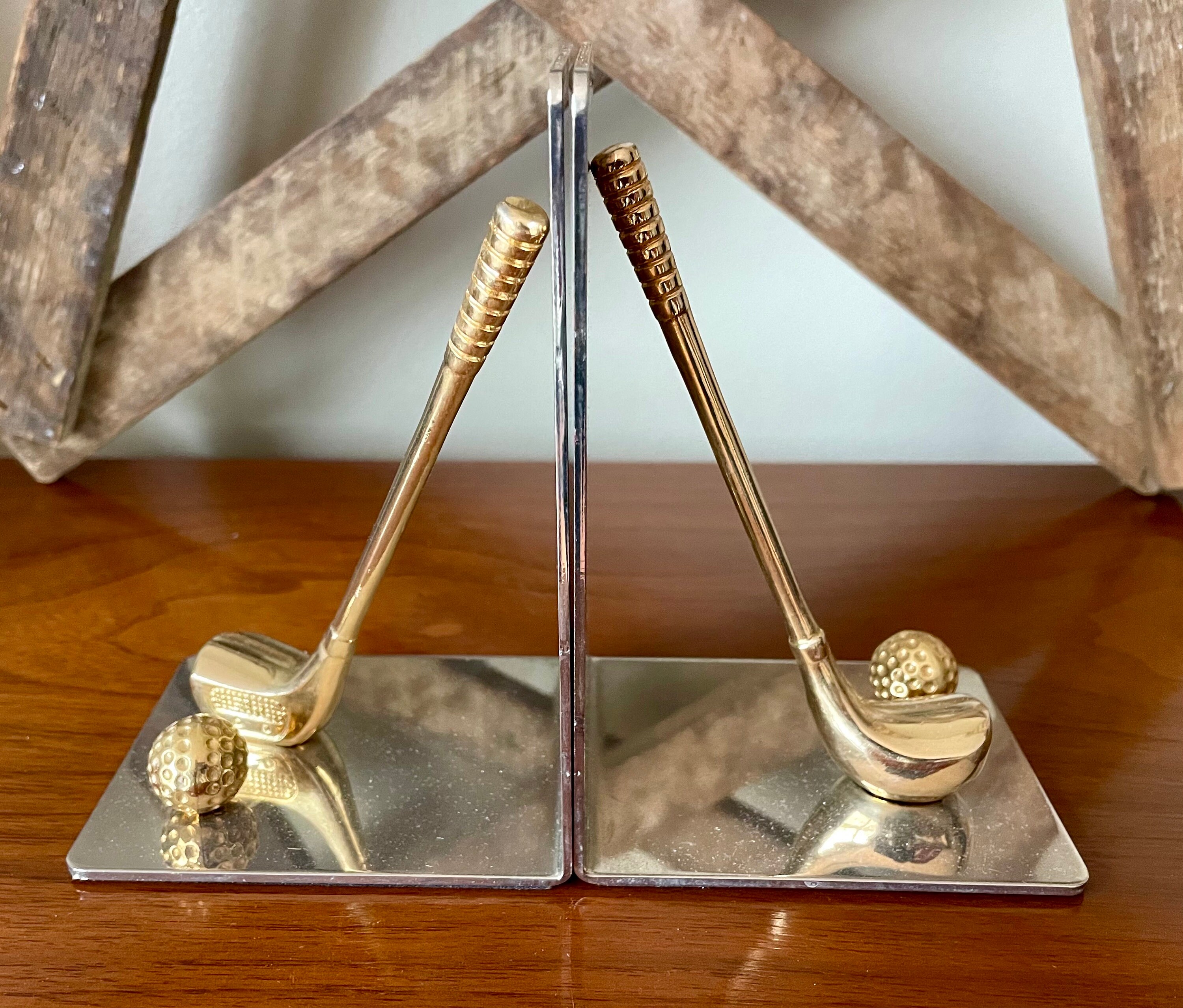 Vintage Chrome & Brass MCM Golf Club Ball Book Ends, Golf Sculpture ...
