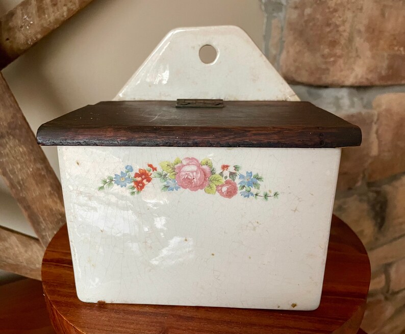 Antique Porcelain Salt Box With Wooden Lid Vintage Wall - Etsy