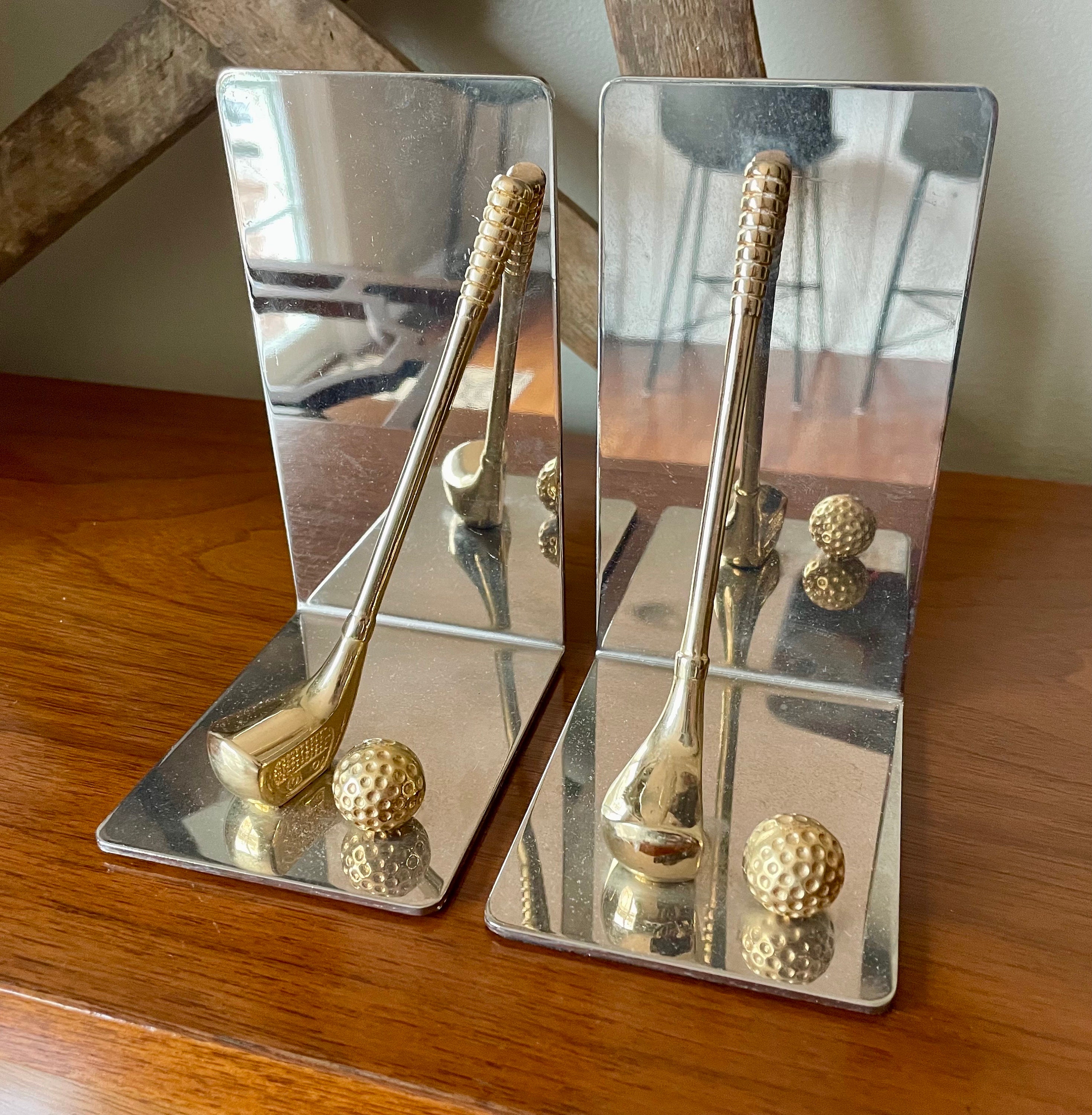 Vintage Chrome & Brass MCM Golf Club Ball Book Ends, Golf Sculpture ...
