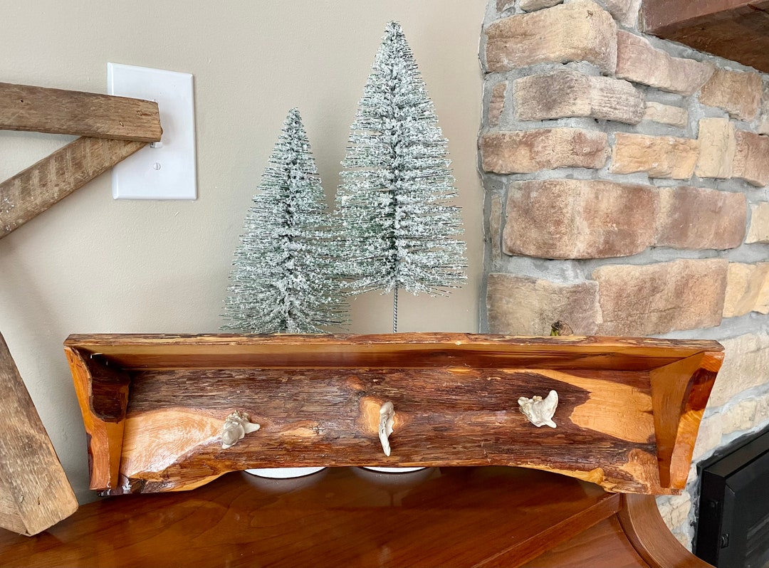 Vintage Live Edge Pine Wood Shelf, Deer Antler Hooks, Rustic Cabin ...