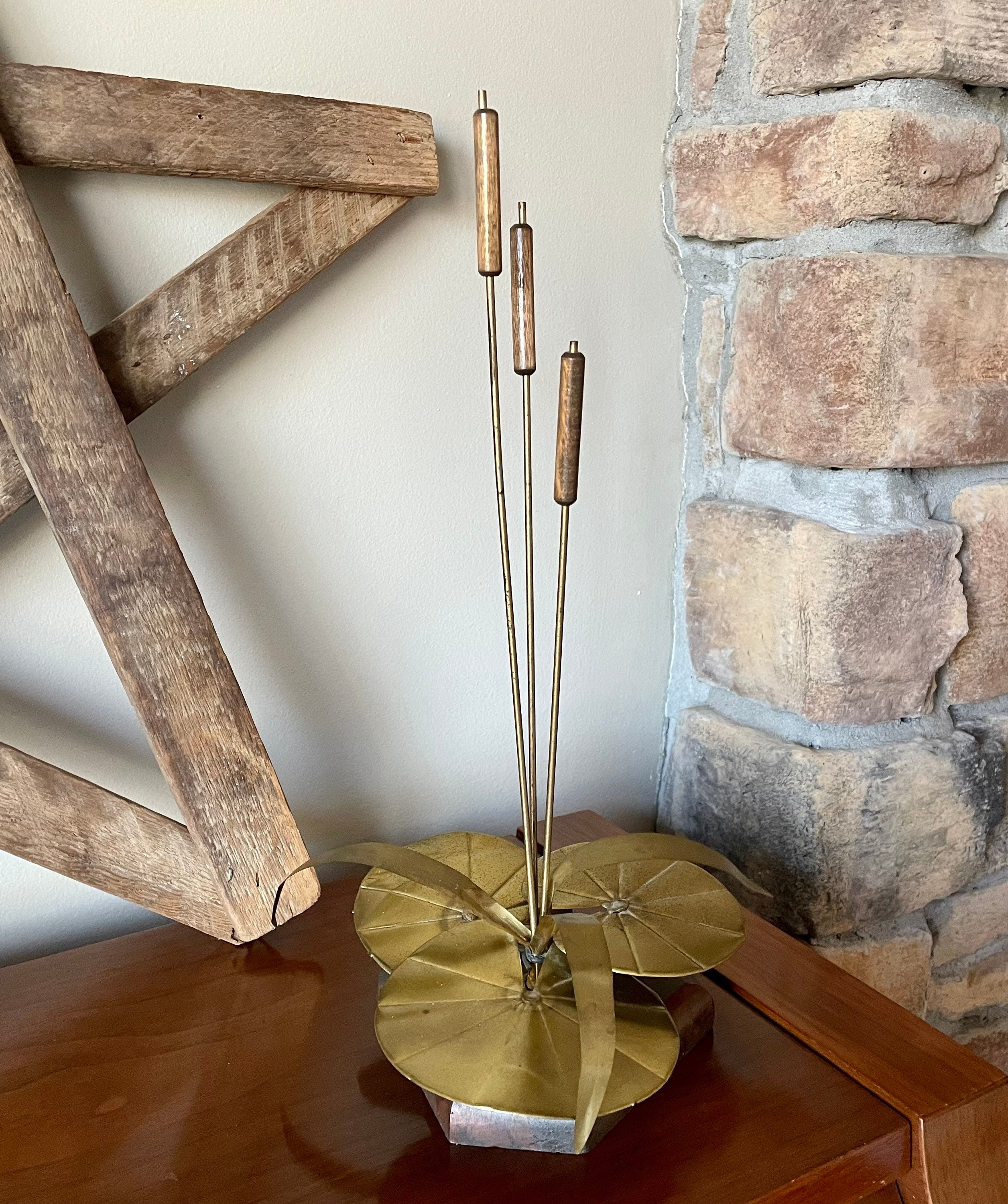 Vintage Mid-century Brass, Wood Cattail & Lily Pad Sculpture MCM ...
