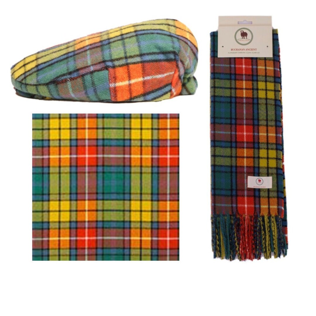 Mens Buchanan Clan Bundle Tartan Scarf Tartan Flat Cap Buchanan Green ...