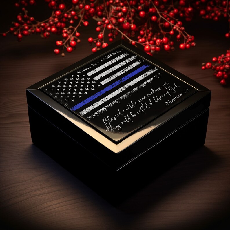 Thin Blue Line Gift Box, Wooden Ceramic Keepsake Flag, Jewelry Box ...