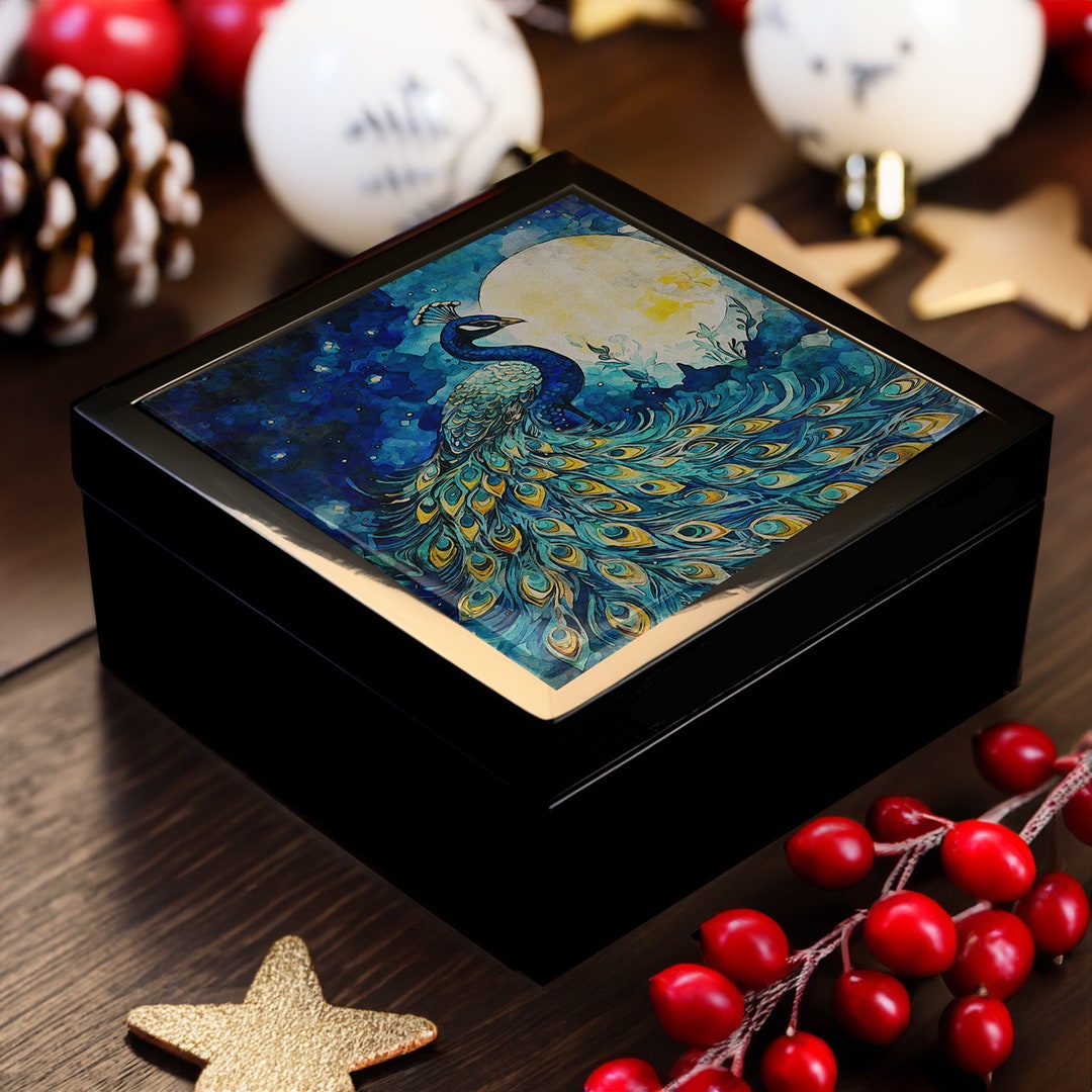 Peacock Moon Memory Box Valet and Jewelry Box With Ceramic Tile Lid - Etsy