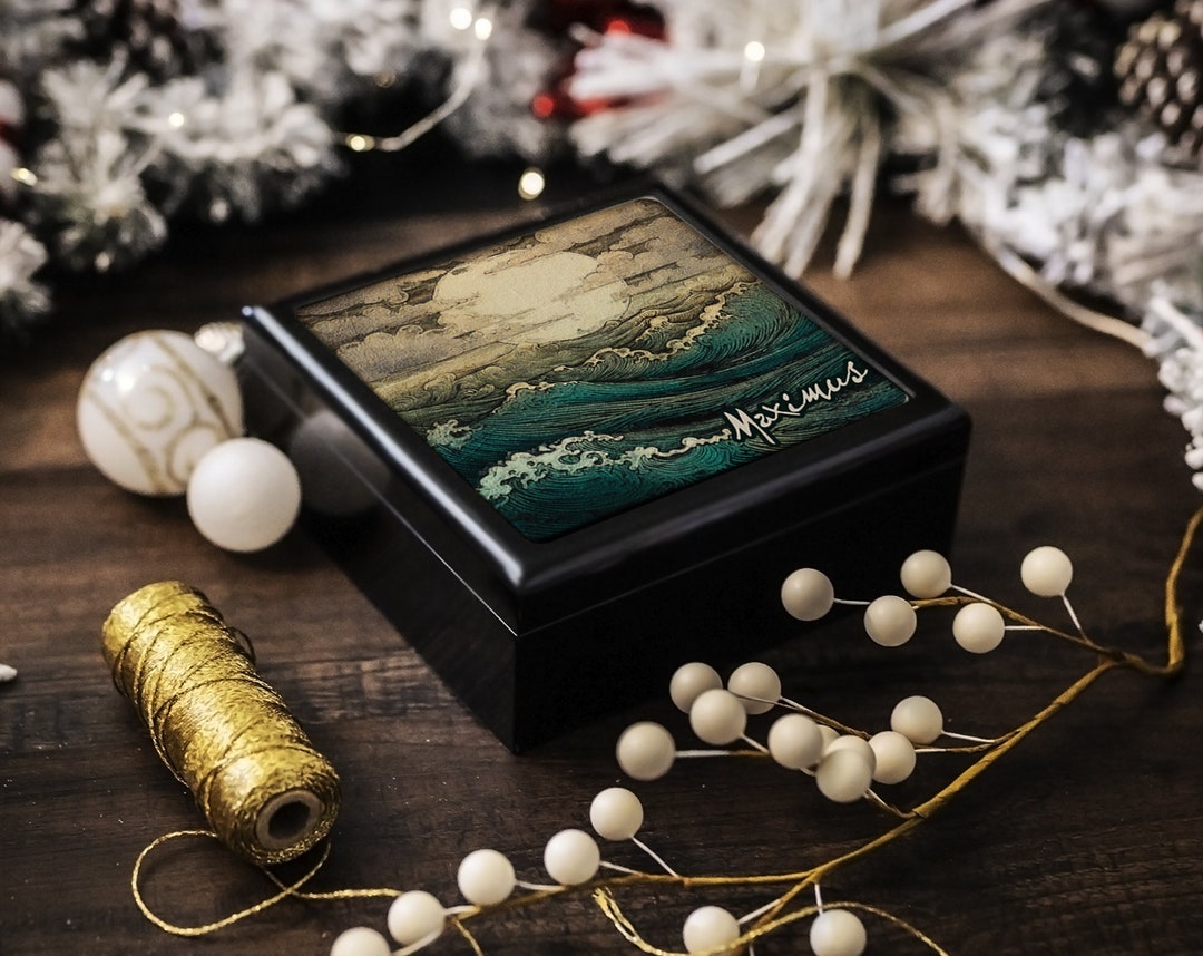 Ocean Waves Wood and Ceramic Tile Box, Personalized Jewelry Box for Man ...