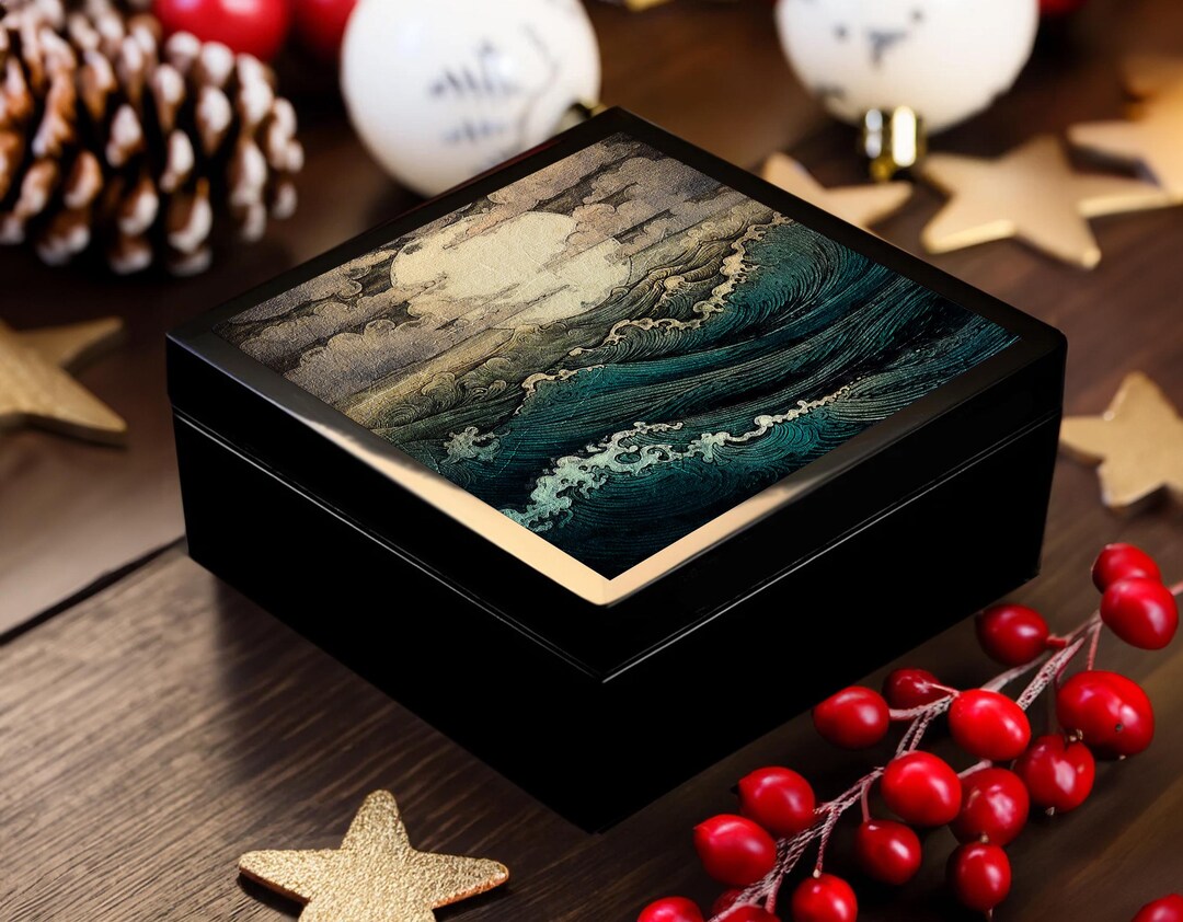 Ocean Waves Wood and Ceramic Tile Box, Personalized Jewelry Box for Man ...