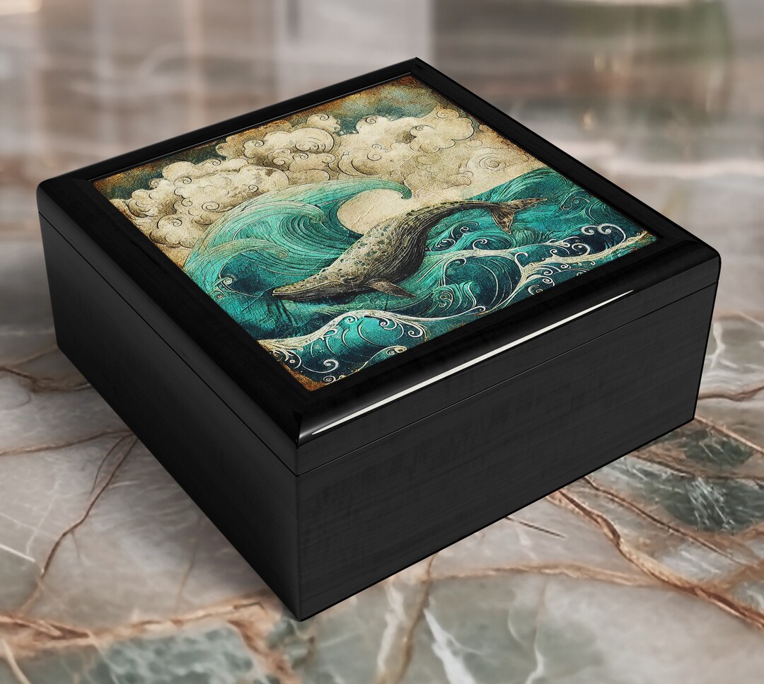 Breaching Whale Wood Box Ocean Waves, Ceramic Tile Lid, Personalized ...