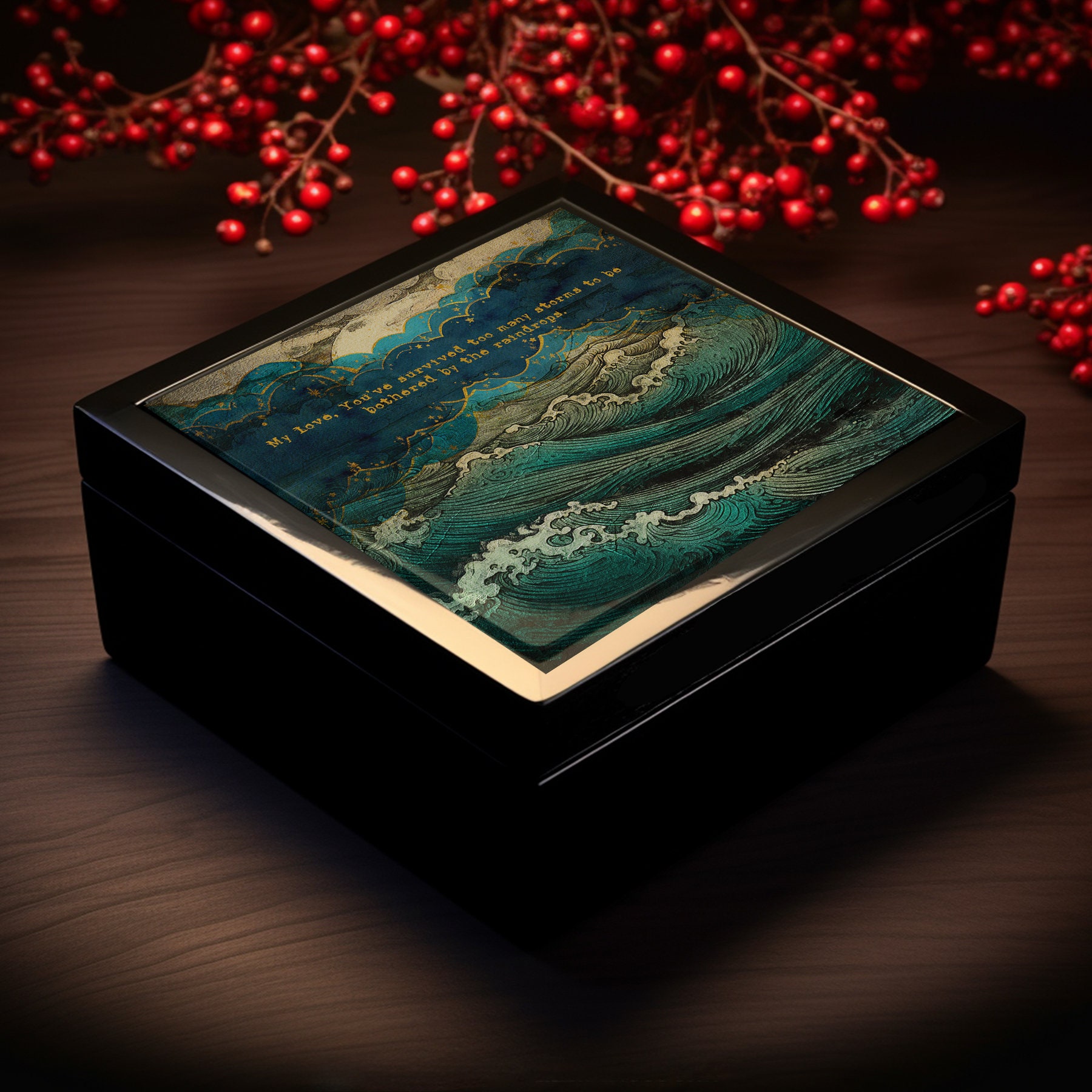 Ocean Waves Wood and Ceramic Tile Box, Personalized Jewelry Box for Man ...