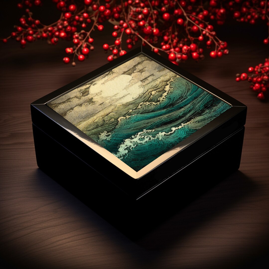 Ocean Waves Wood and Ceramic Tile Box, Personalized Jewelry Box for Man ...