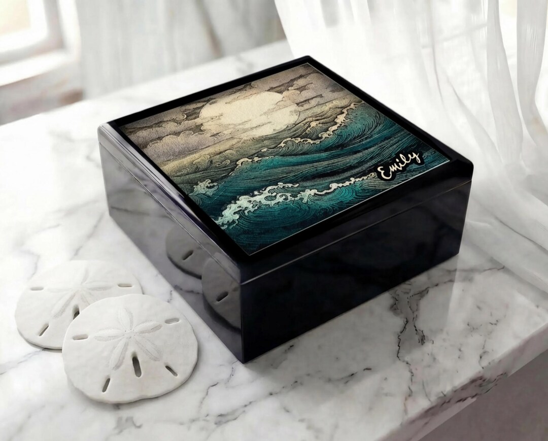 Ocean Waves Wood and Ceramic Tile Box, Personalized Jewelry Box for Man ...