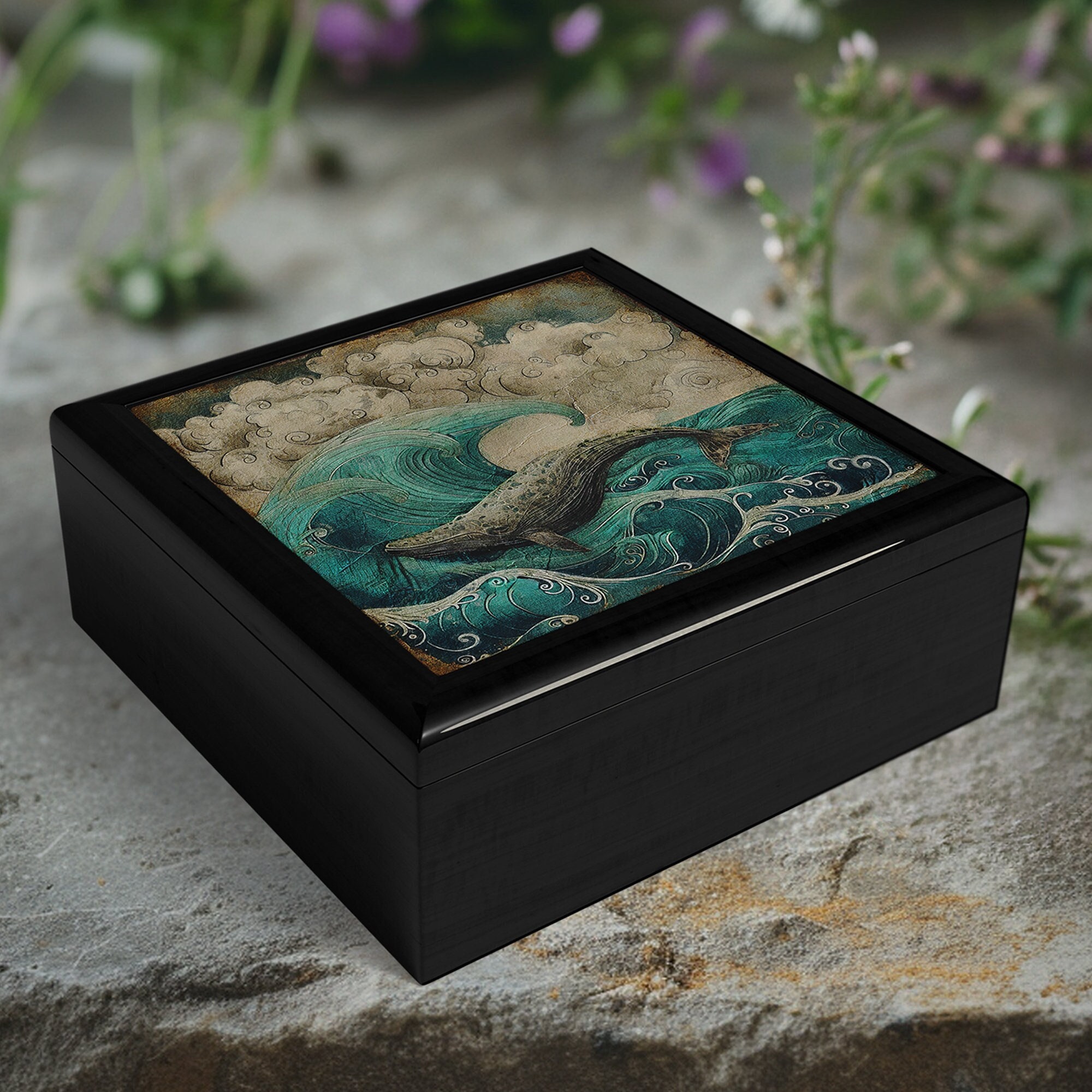 Breaching Whale Wood Box Ocean Waves, Ceramic Tile Lid, Personalized ...
