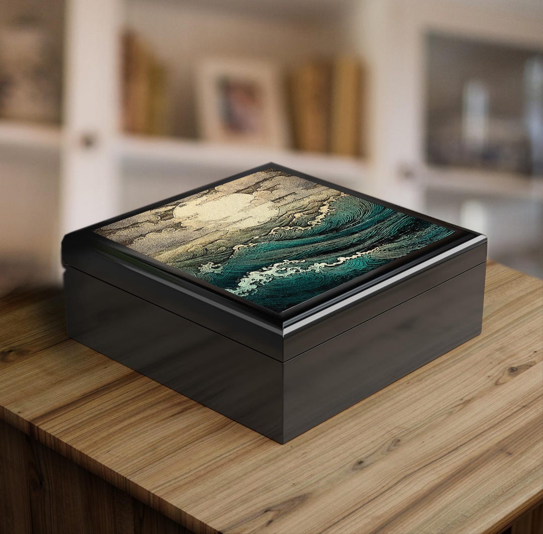 Ocean Waves Wood and Ceramic Tile Box, Personalized Jewelry Box for Man ...