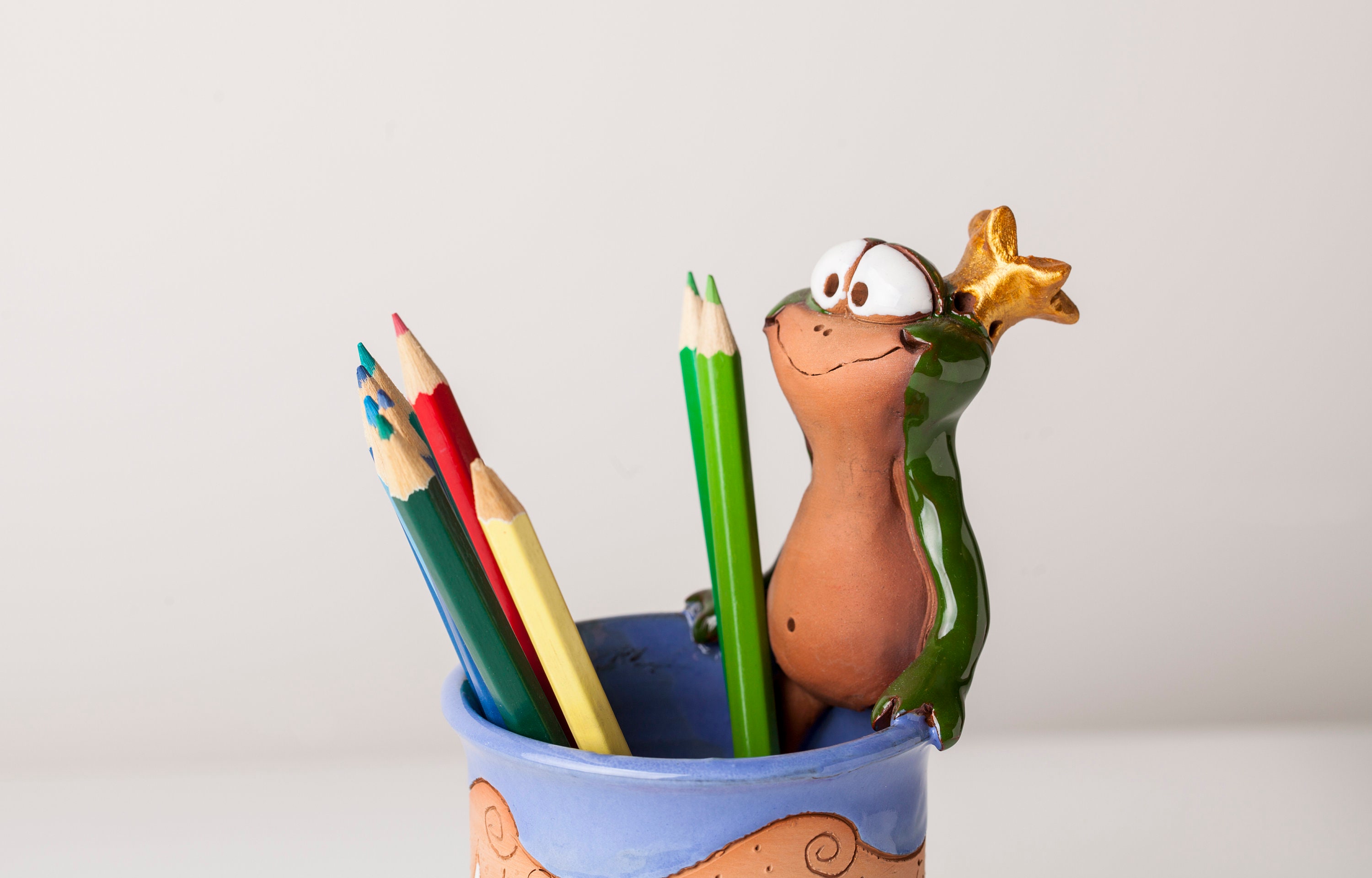 Handmade Ceramic Pen/pencil Holder, Frog Design, Pencil Box With Fun ...