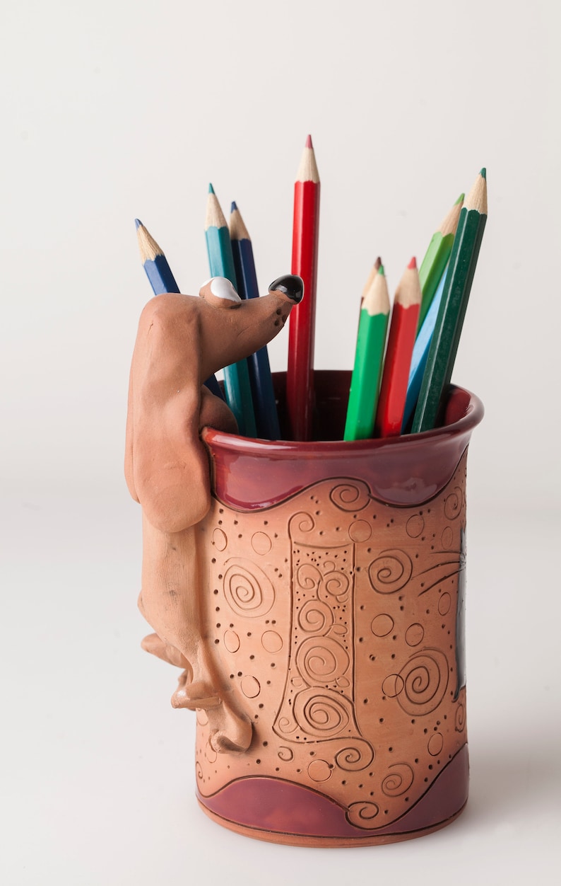 Handmade Ceramic Pen Pencil Holder Dachshund Design Pencil Box With